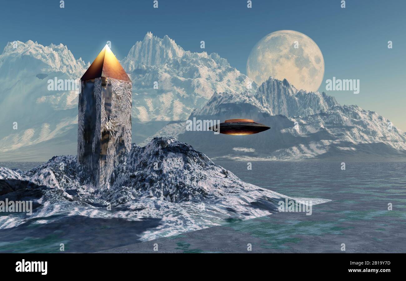 A UFO Flying To An Obelisk, Located At The Antarctic Stock Photo - Alamy