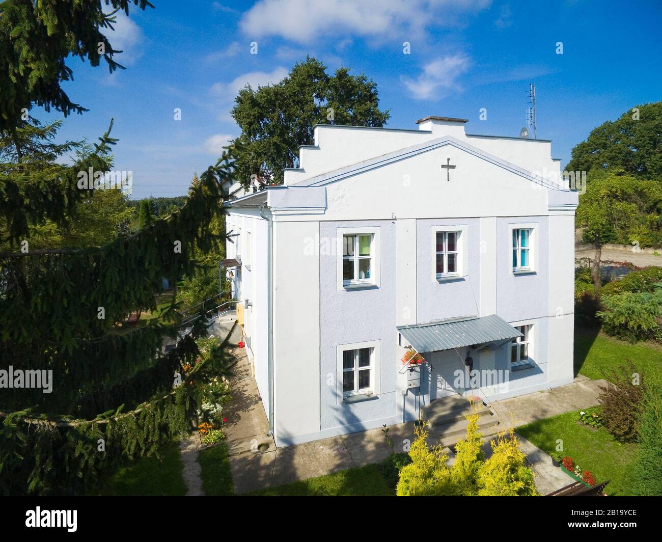 Aerial view of Orthodox church of St.Paul and St.Peter in Wegorzewo ...