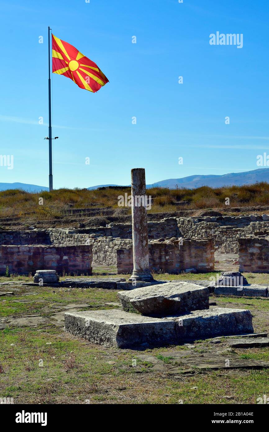 North Macedonia former FYROM, flag and excavations in ancient Stobi ...