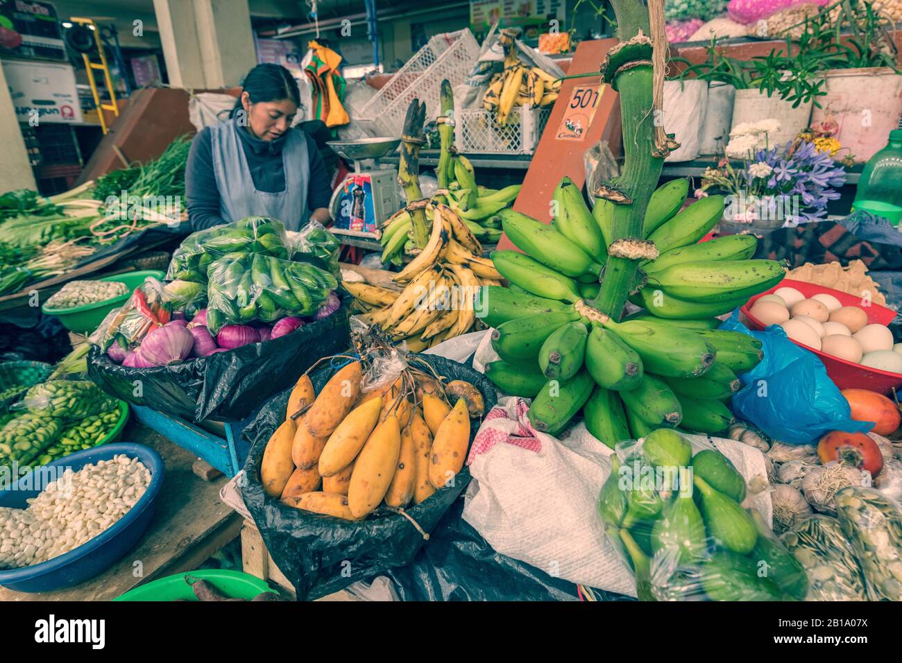 CUENCA, ECUADOR - FEBRUARY 11, 2020: Traditional ecuadorian food market ...