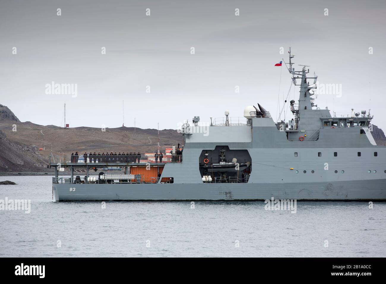 A Chilean naval vessel at Frei Station in the South Shetland Islands ...