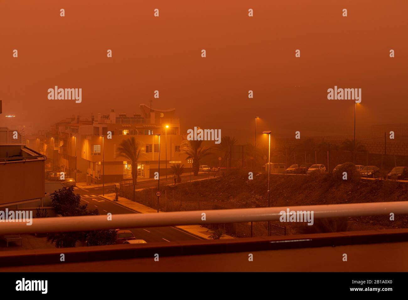 23rd February 2020, Sahara dust covers the village of Playa San Juan in ...