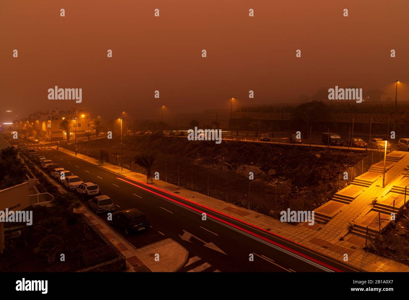 23rd February 2020, Sahara dust covers the village of Playa San Juan in ...