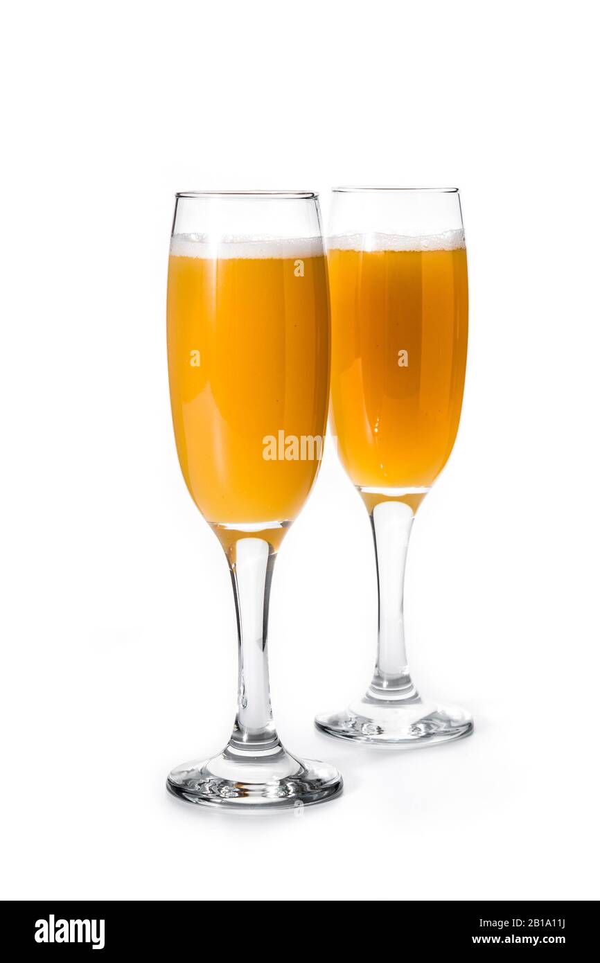 Bellini champagne cocktail in glass isolated on white background Stock ...