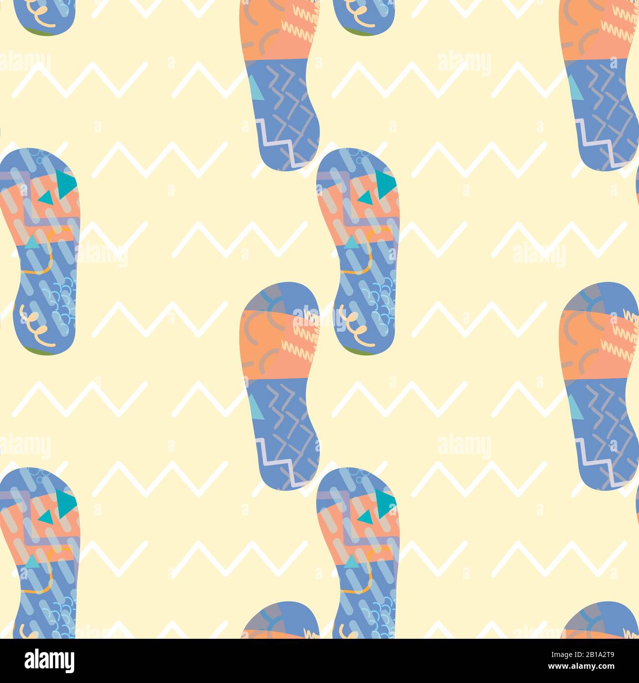 Flip flop shoe vector seamless pattern background. Modern Memphis style sandals on zig zag motif ...