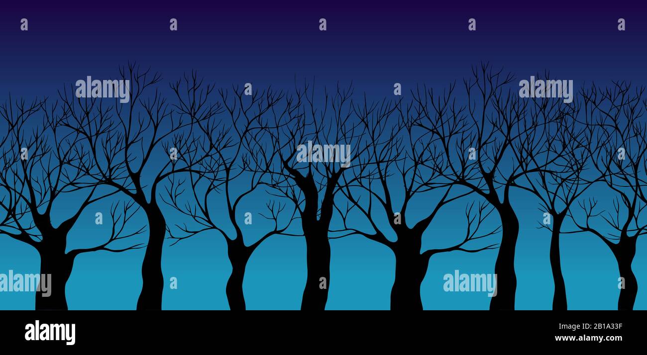 Vector seamless border. Black hand drawn trees on dark blue sky. Autumn ...