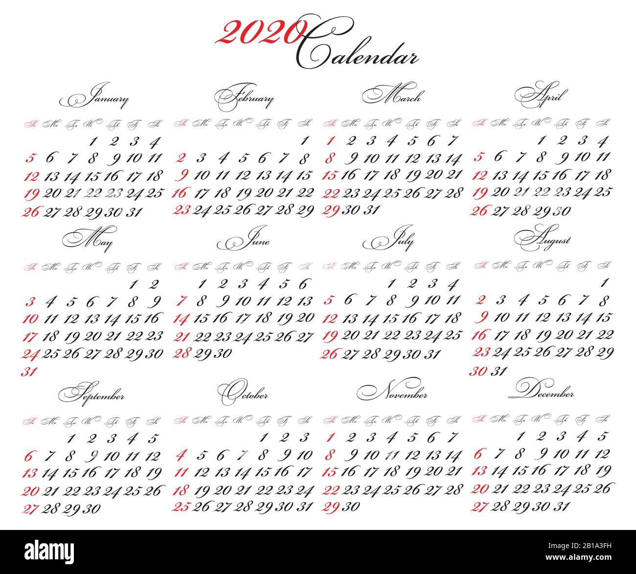 Calendar 2020 vector pocket basic grid. Simple design template. 2020 ...