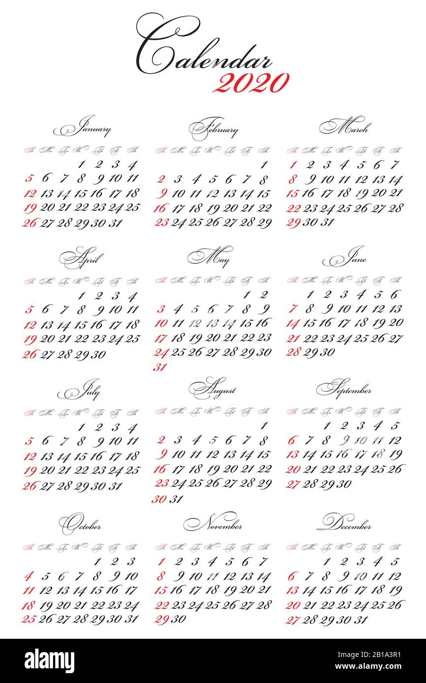 Calendar 2020 vector pocket basic grid. Simple design template. 2020 ...