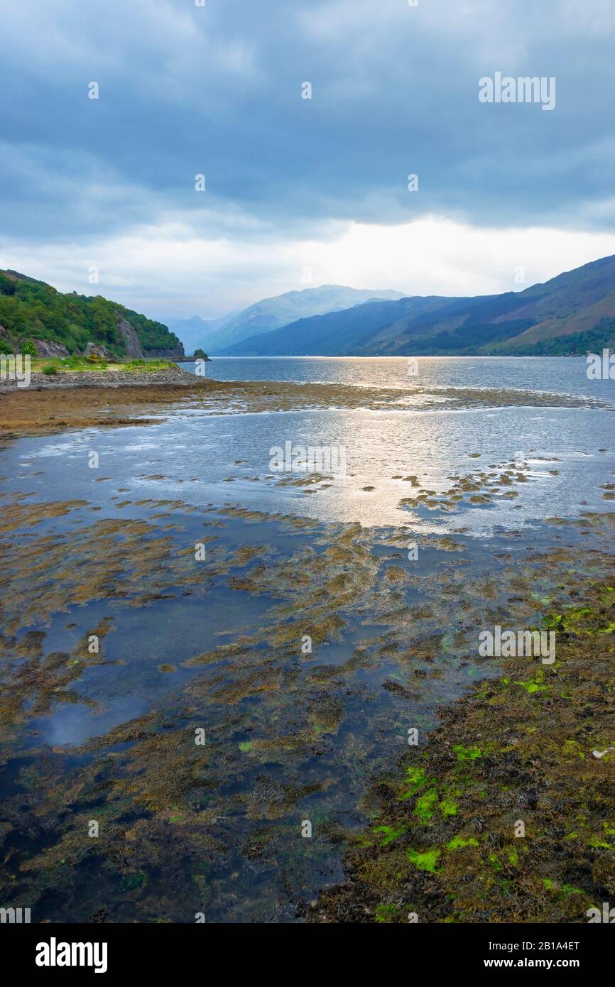 Sea loch in the Scottish highlands with a sunbeam in the water Stock ...