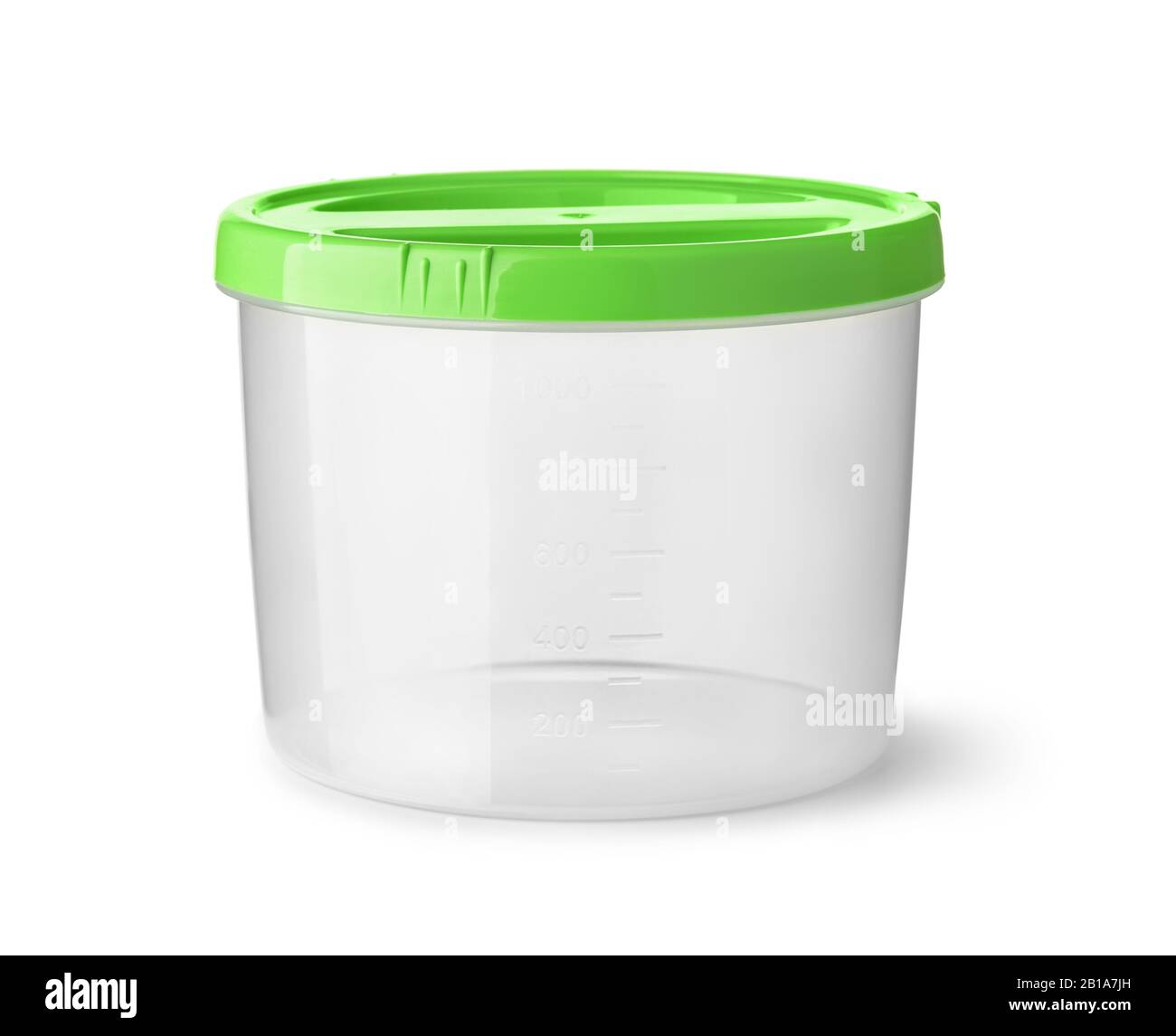Front view of empty round plastic food container with measuring scales ...