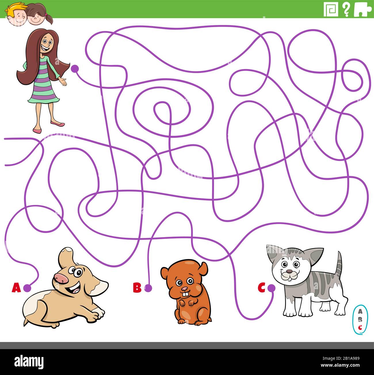 Cartoon Illustration of Lines Maze Puzzle Game with Girl and Cute Pets ...