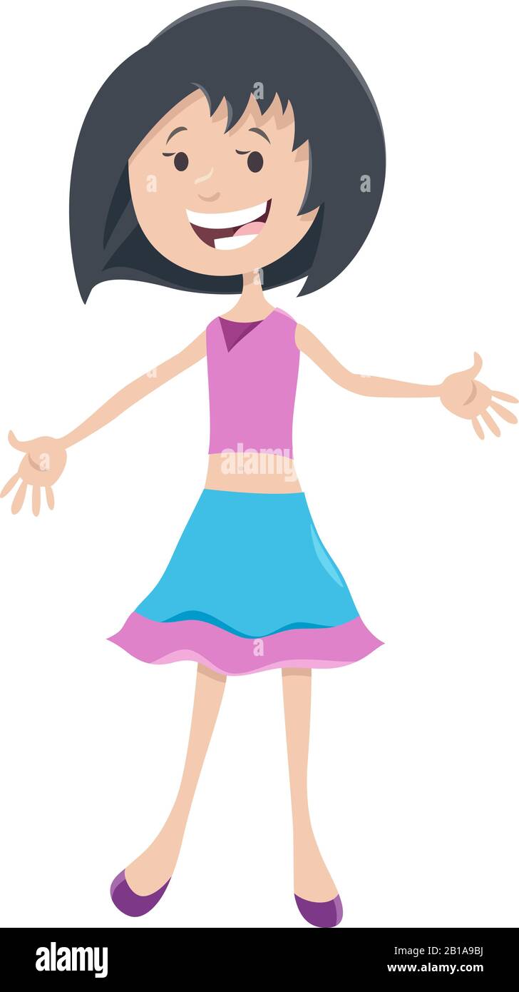 Cartoon Illustration of Happy Elementary or Teen Age Girl Cute Comic ...