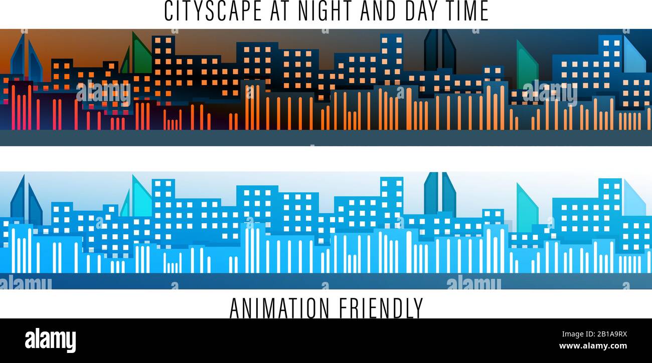Cityscape panorama view at night and day time. Modern urban landscape ...