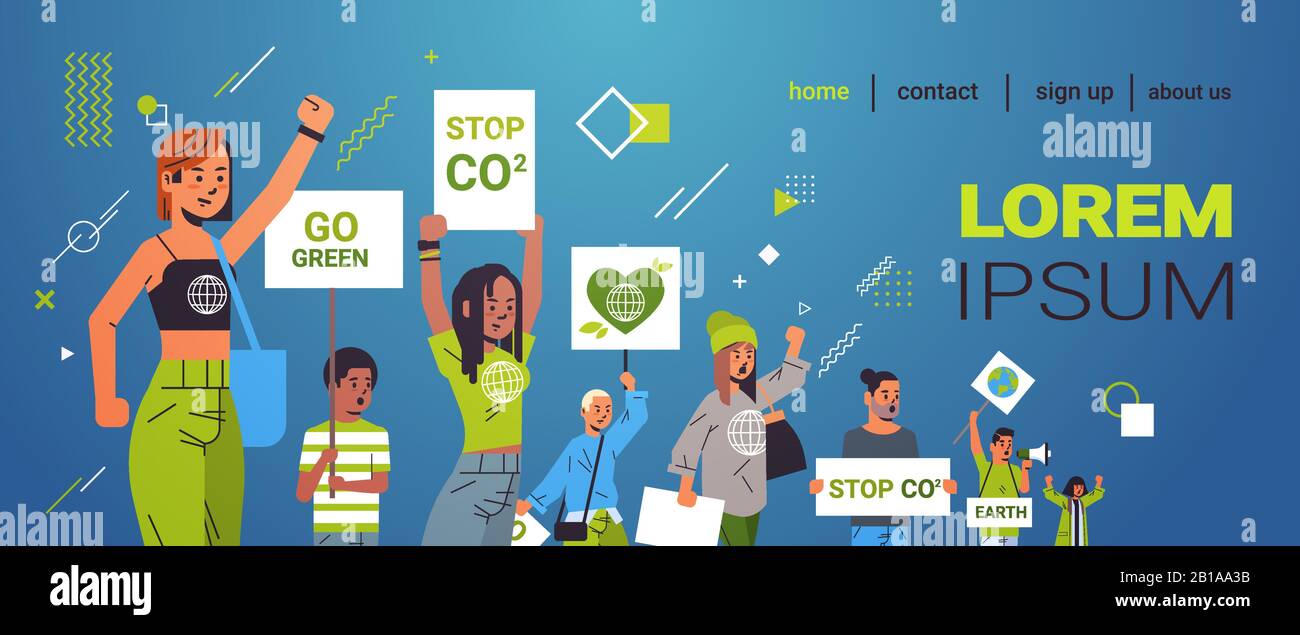 environmental activists holding posters go green save planet strike ...