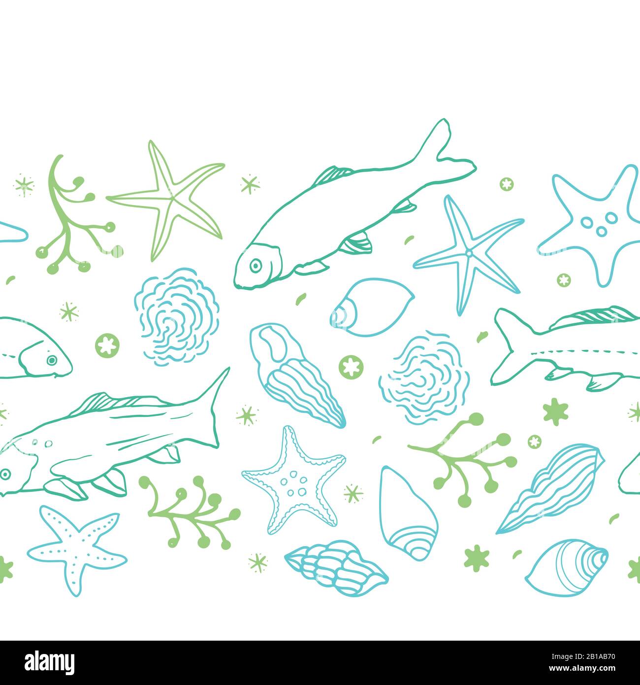 Sealife outline horizontal border with fish, starfish, seaweed and wave ...