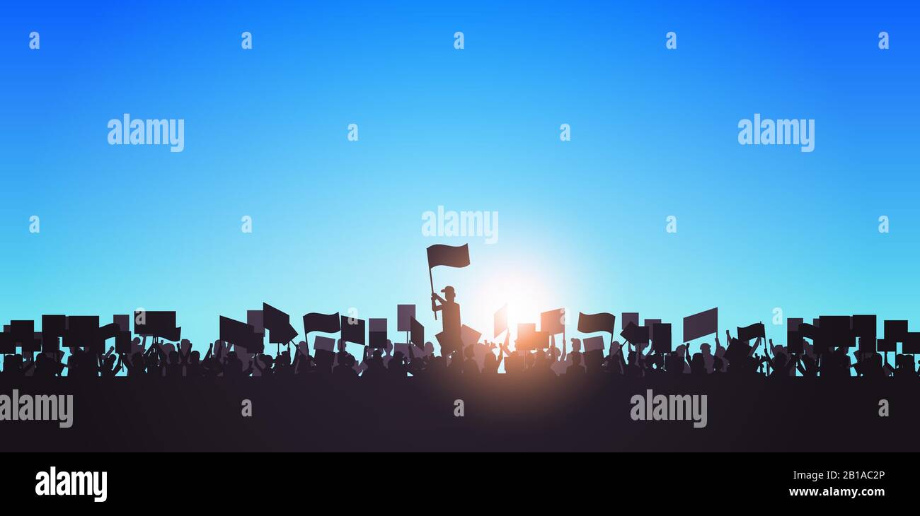 silhouette of people crowd protesters holding protest posters men women ...