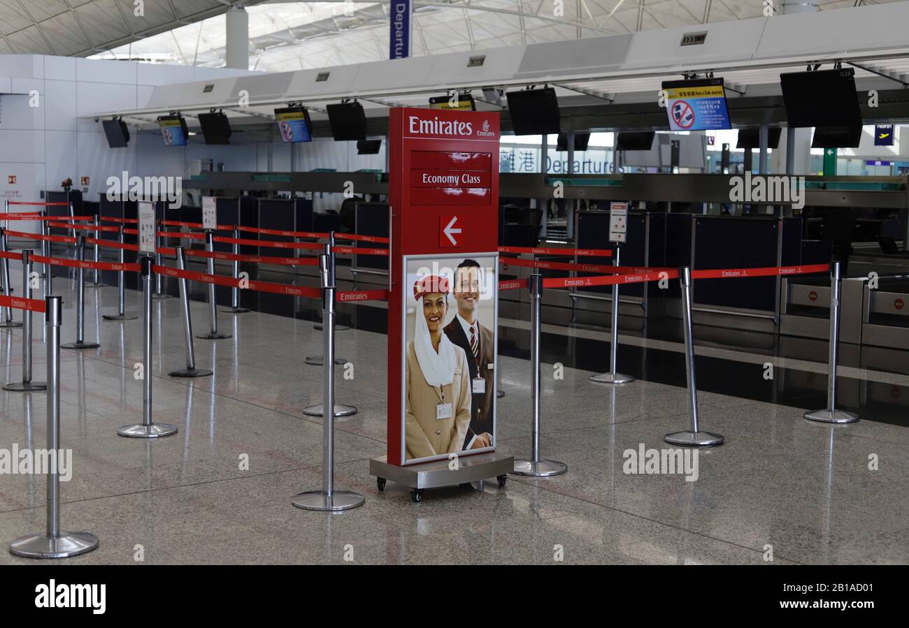 Hong Kong, CHINA. 24th Feb, 2020. Empty EMIRATES check-in counter at ...