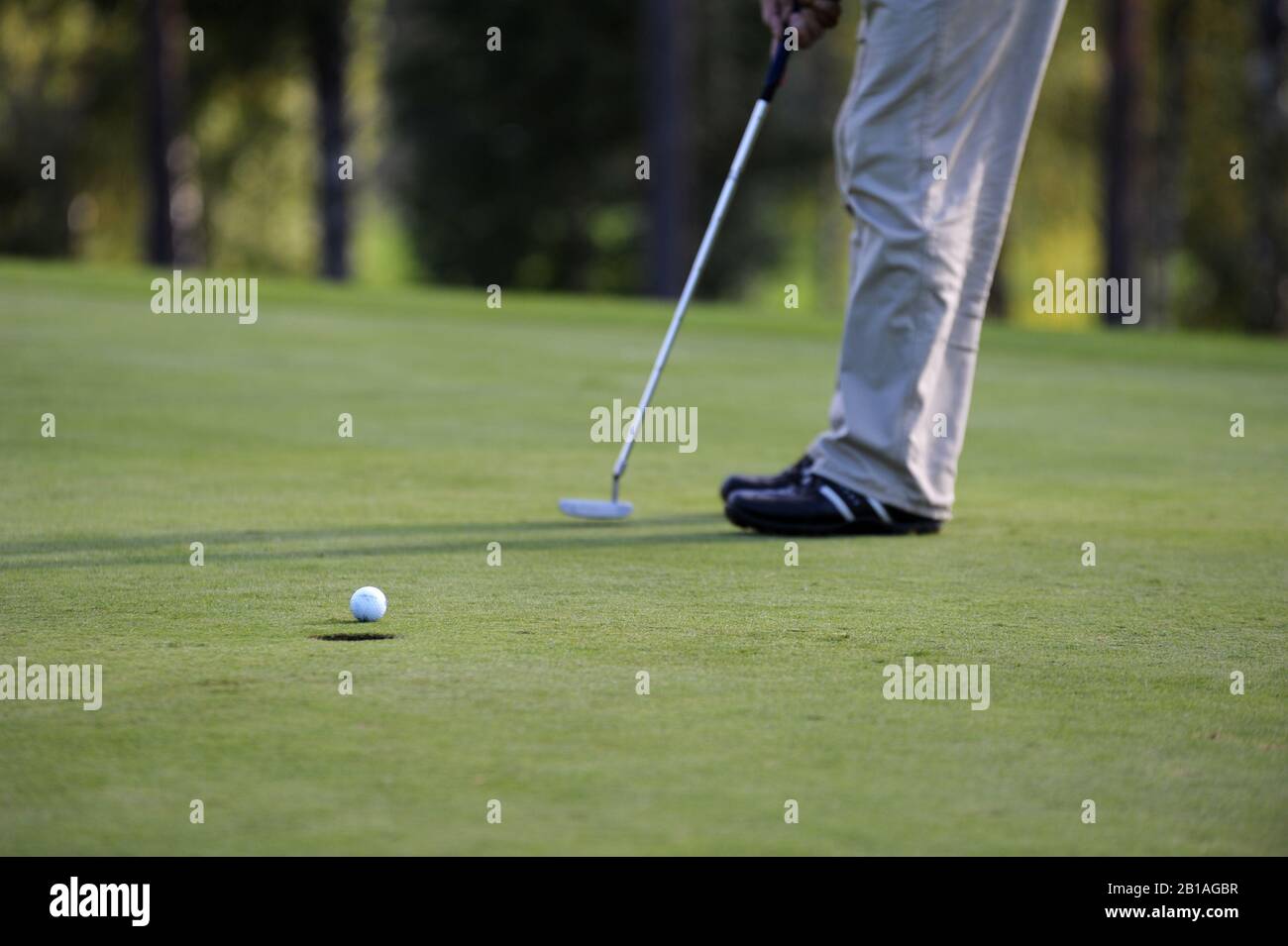 Man putting golf ball in to hole Stock Photo - Alamy