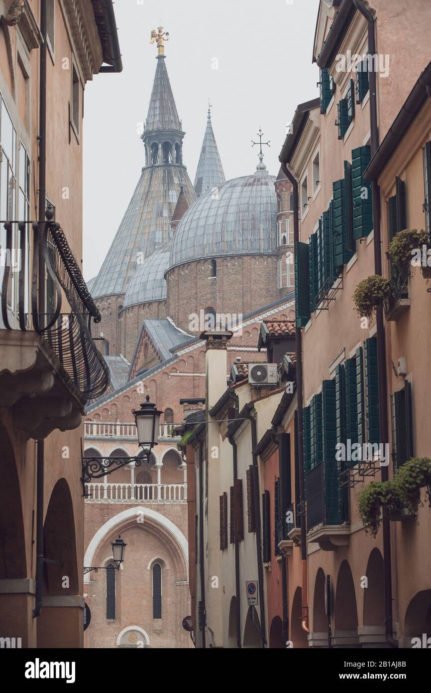 Medieval streets of Padova looking towards the Basilica of St Anthony ...