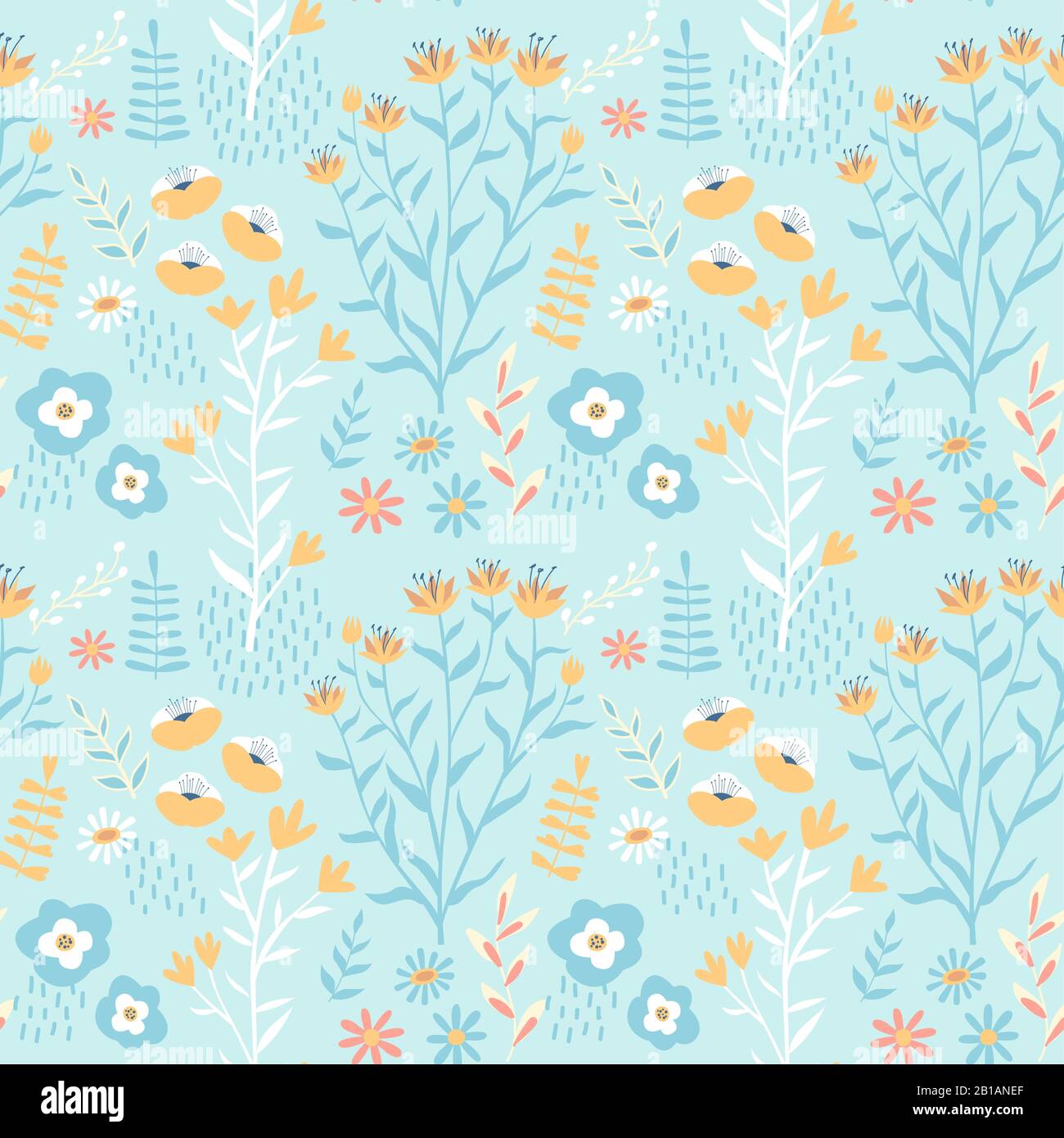 Cute spring flower seamless pattern with beautiful hand drawn wild ...