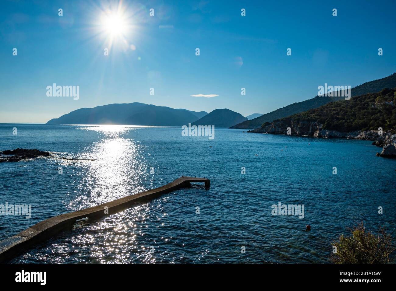Panoramic view of Megalos Mourtias beach in western Alonnisos island ...