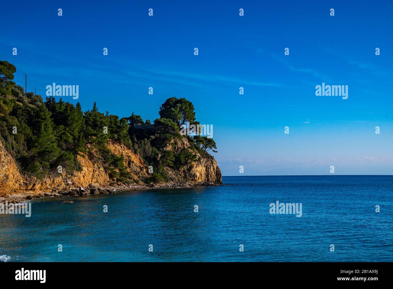 Panoramic view of Megalos Mourtias beach in western Alonnisos island ...
