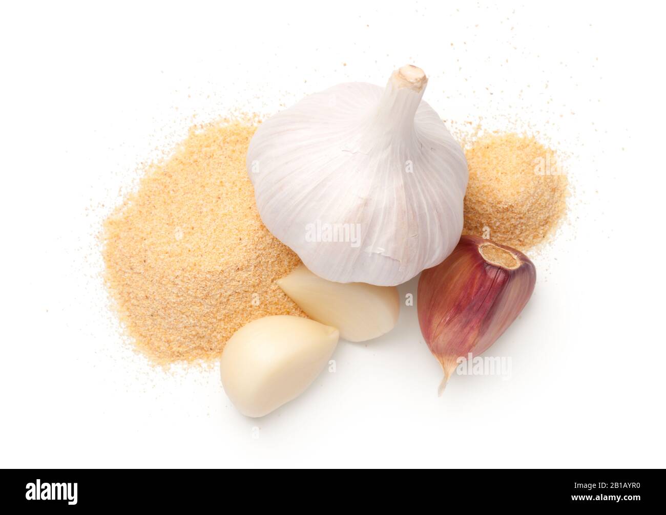 Garlic whole, cloves and powder isolated on white background. Top view ...