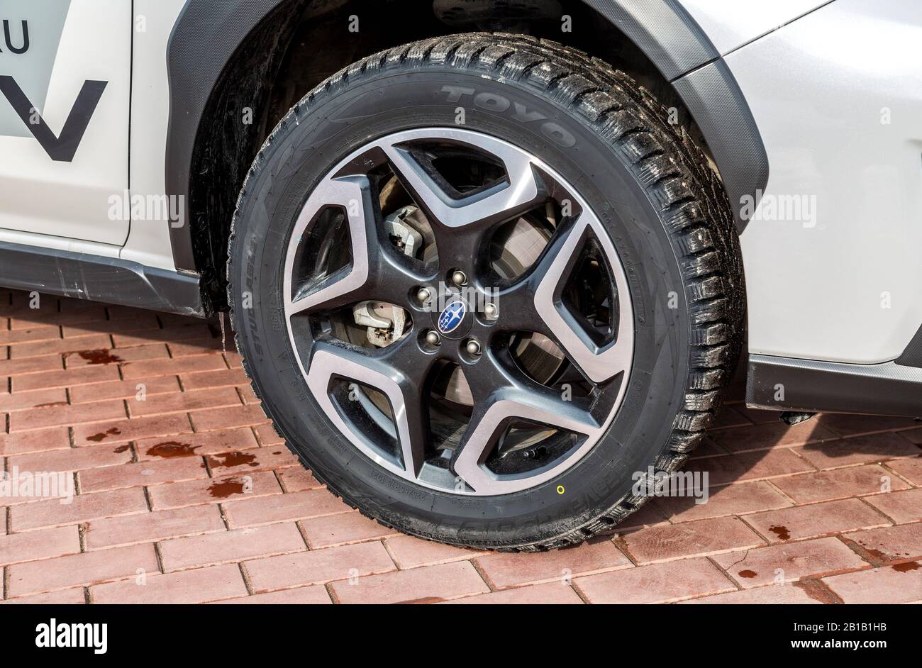 Samara, Russia - February 23, 2020: Modern Subaru car wheel of light alloy disc with low profile ...