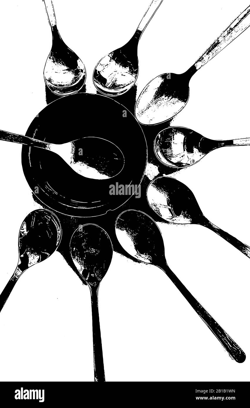 High contrast illustration of a group of spoons seen from above forming ...