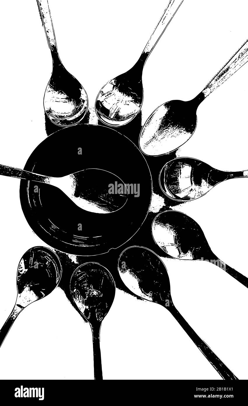 High contrast illustration of a group of spoons seen from above forming ...