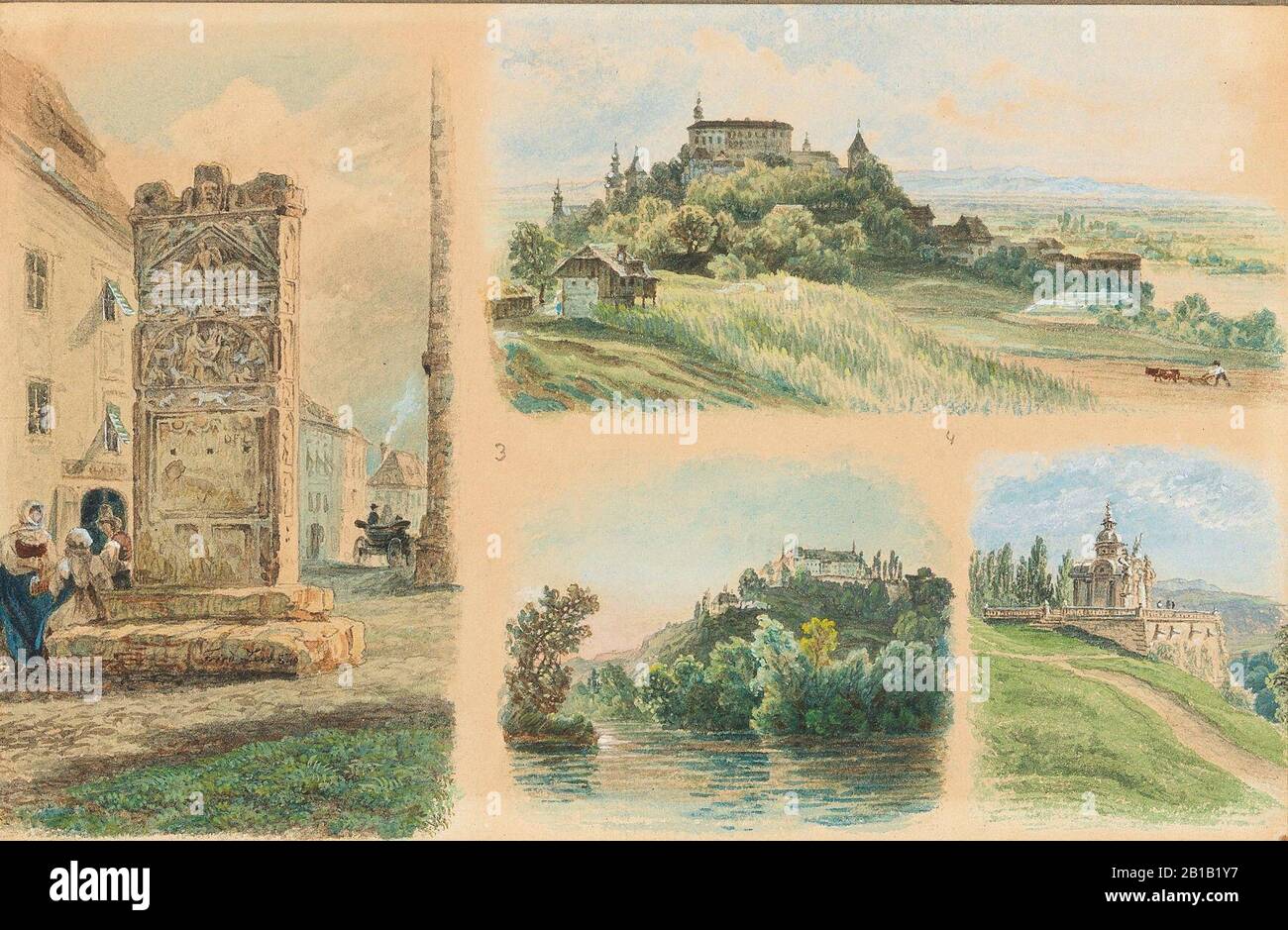Friedrich Loos - A view of Maribor, the Roman monument in Pettau ...