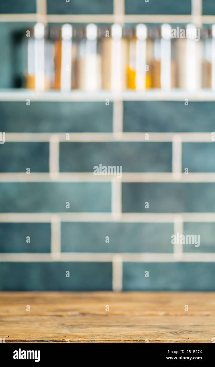 Kitchen table background. Homemade vintage kitchen with ceramic tiles ...