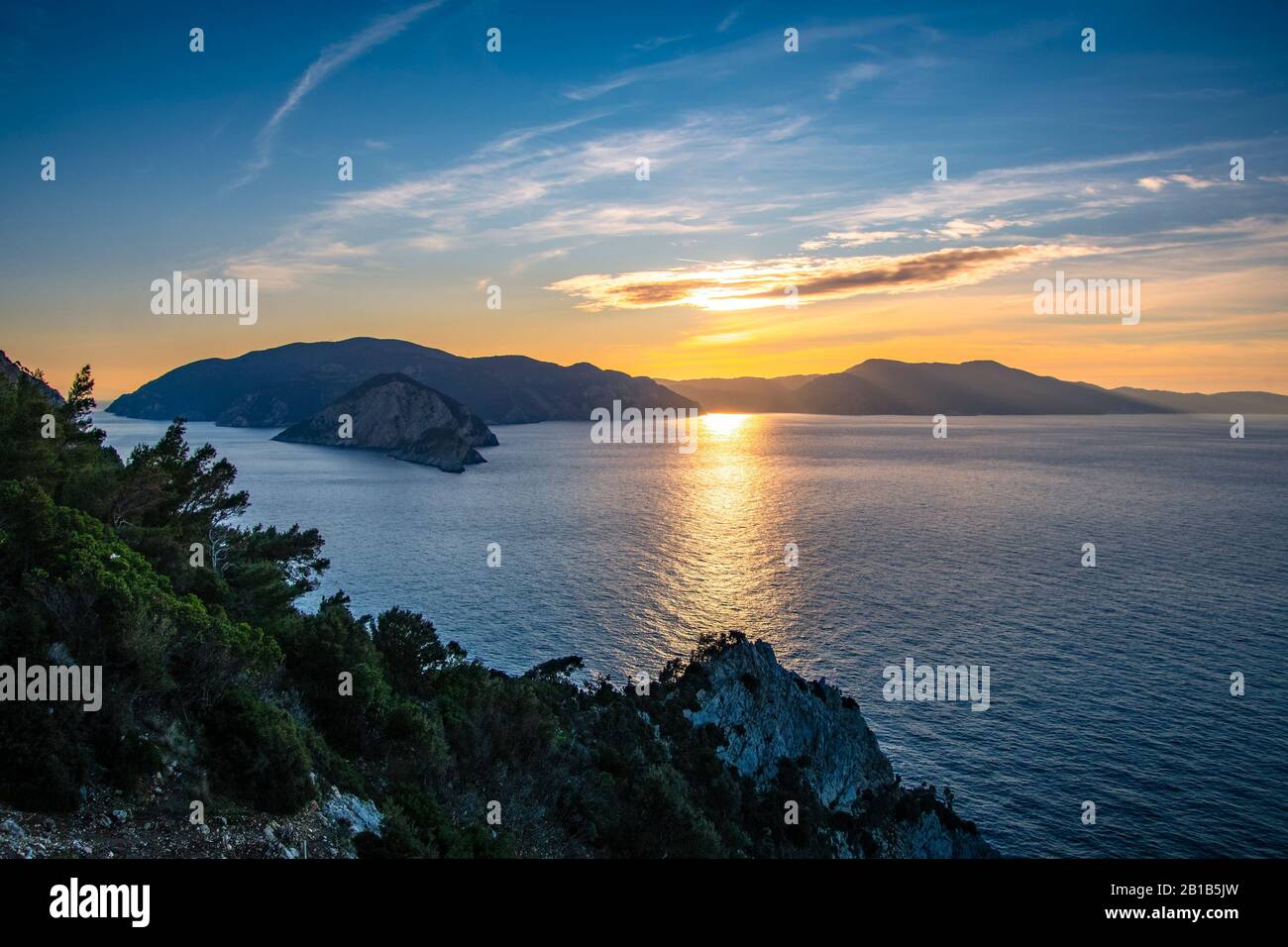 Aerial view over western Alonnisos island and the rock formation at ...
