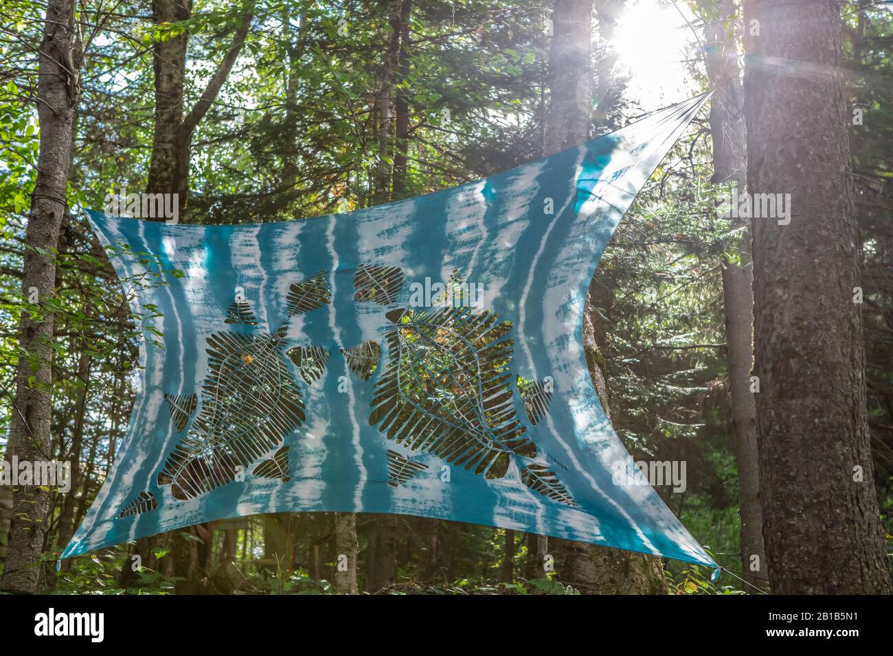 A large tie dye fabric is seen hanging from trees in a forest with two ...