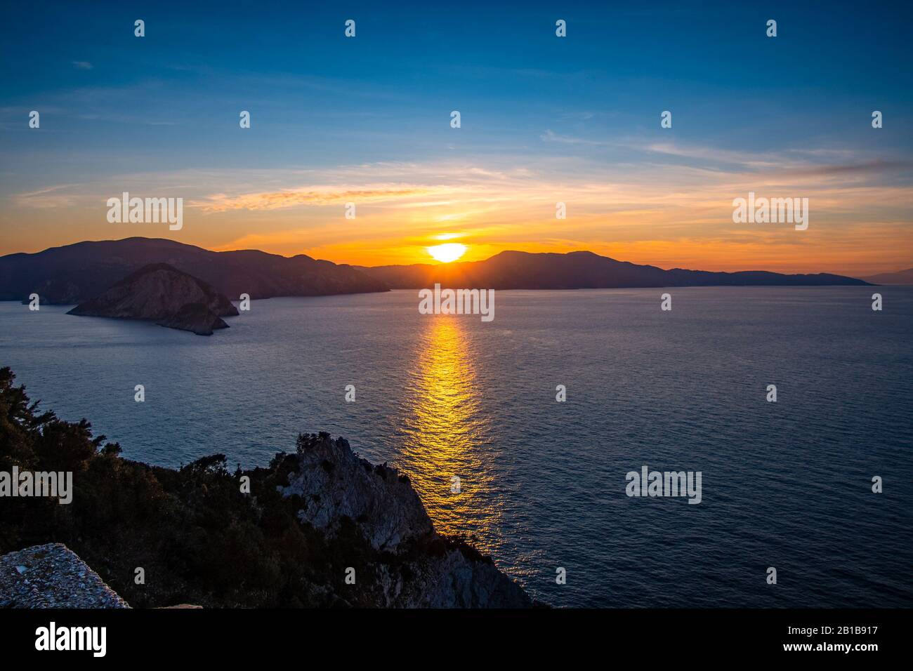 Aerial view over western Alonnisos island and the rock formation at ...