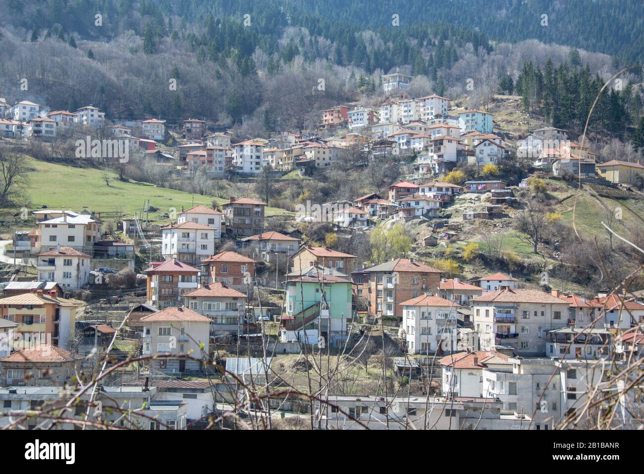 Smolyan city, Bulgaria, houses on the hill of the mountain, rural scene ...