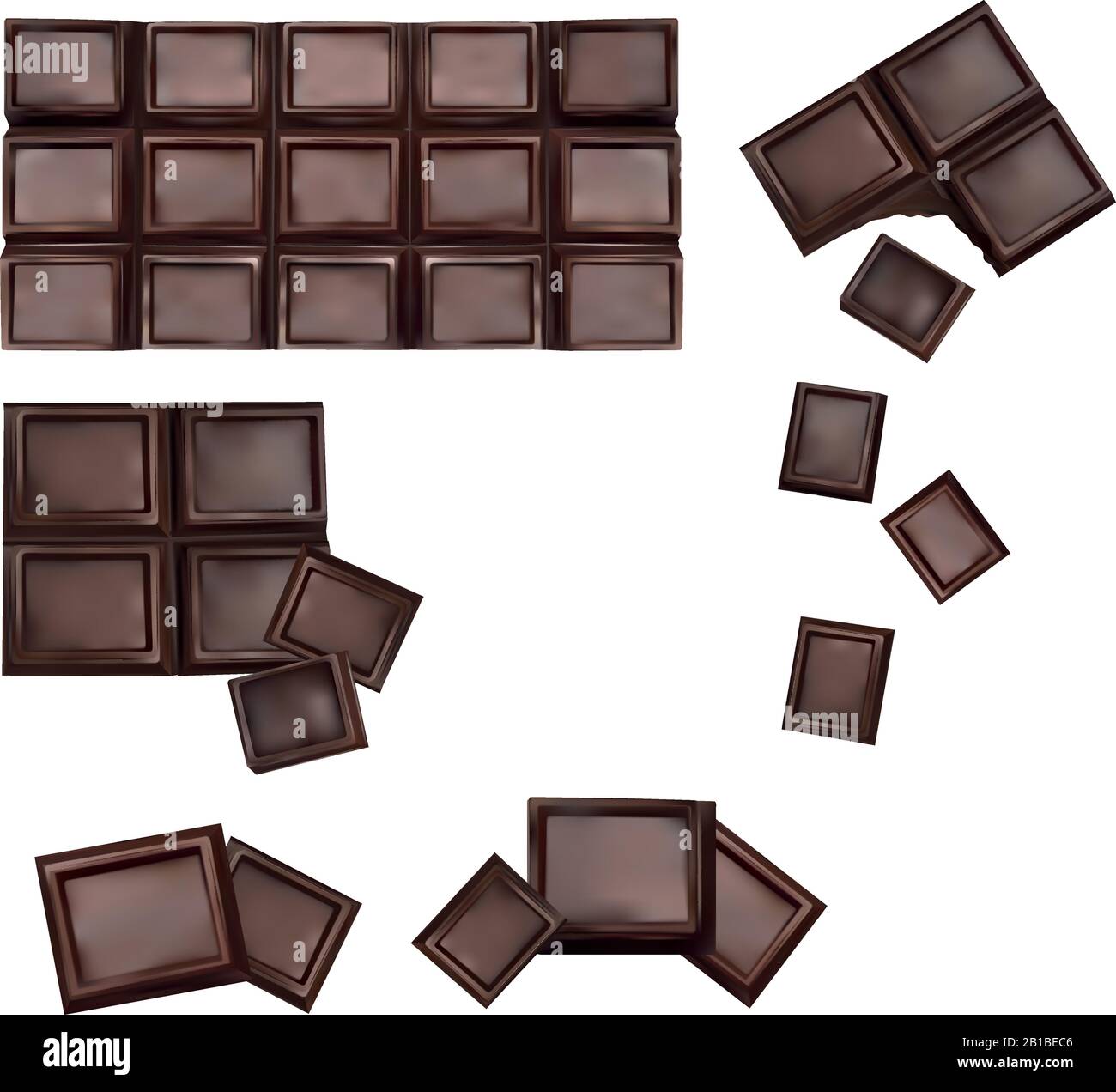 3D realistic dark chocolate on white background. Collection pieces of ...