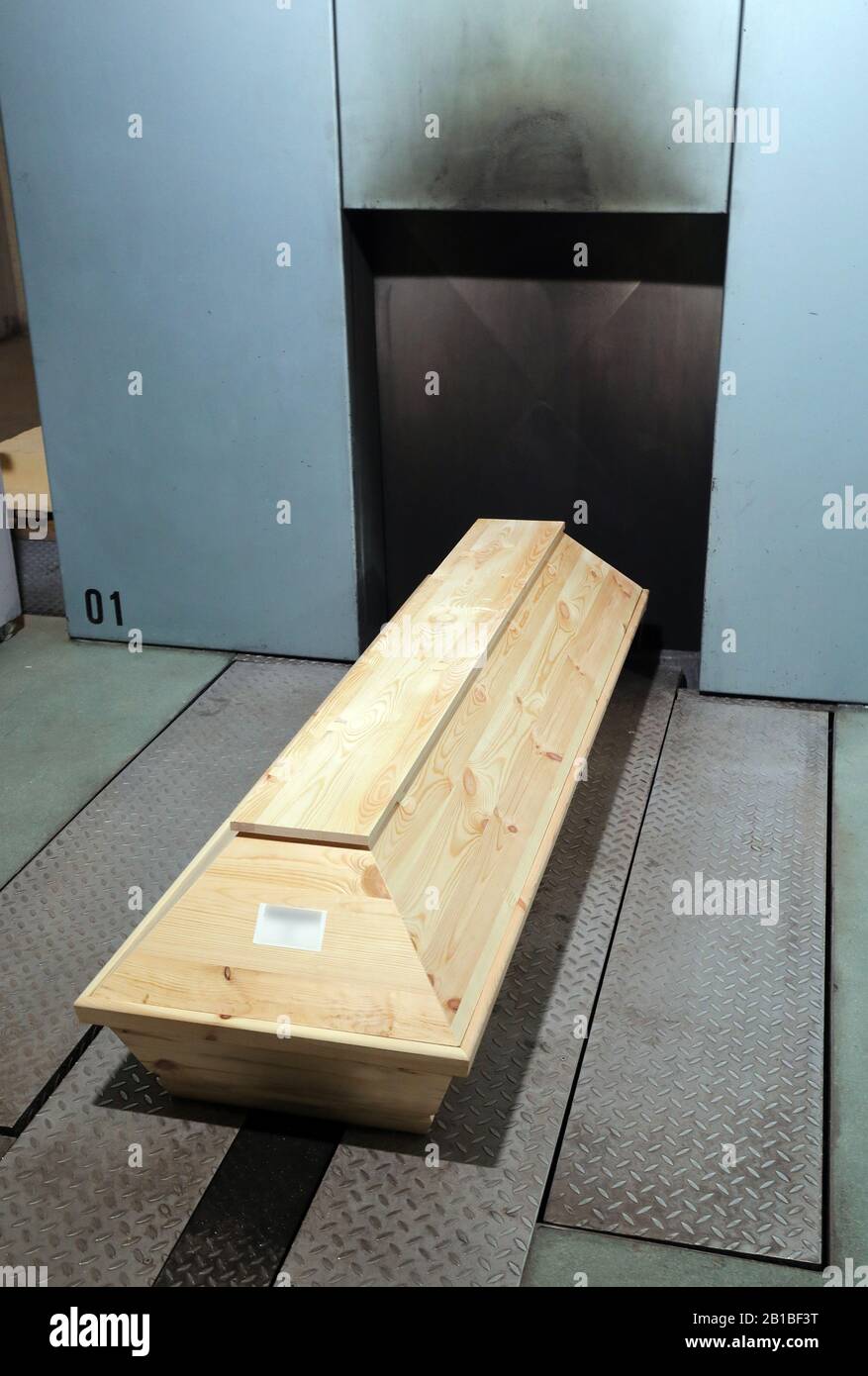 17 February 2020, Berlin: A coffin stands in the crematorium ...