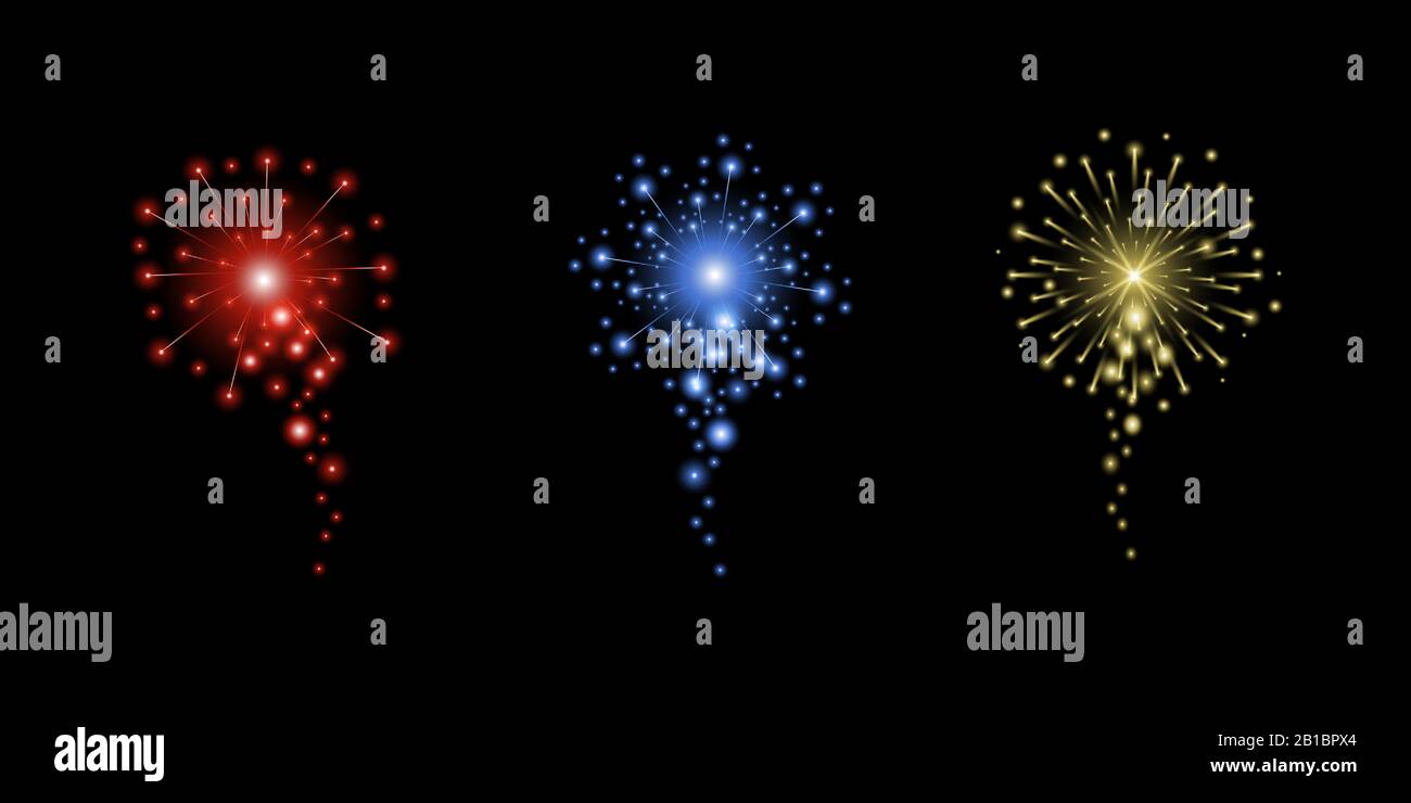 Red, blue and yellow sparkling fireworks realistic illustration ...