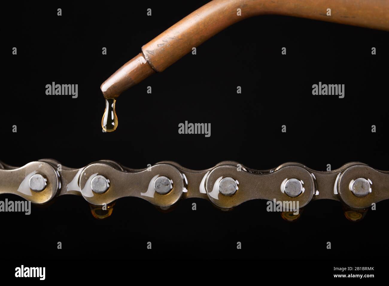 Oiling the bicycle chain with an oiler. Care of the bicycle's drive ...