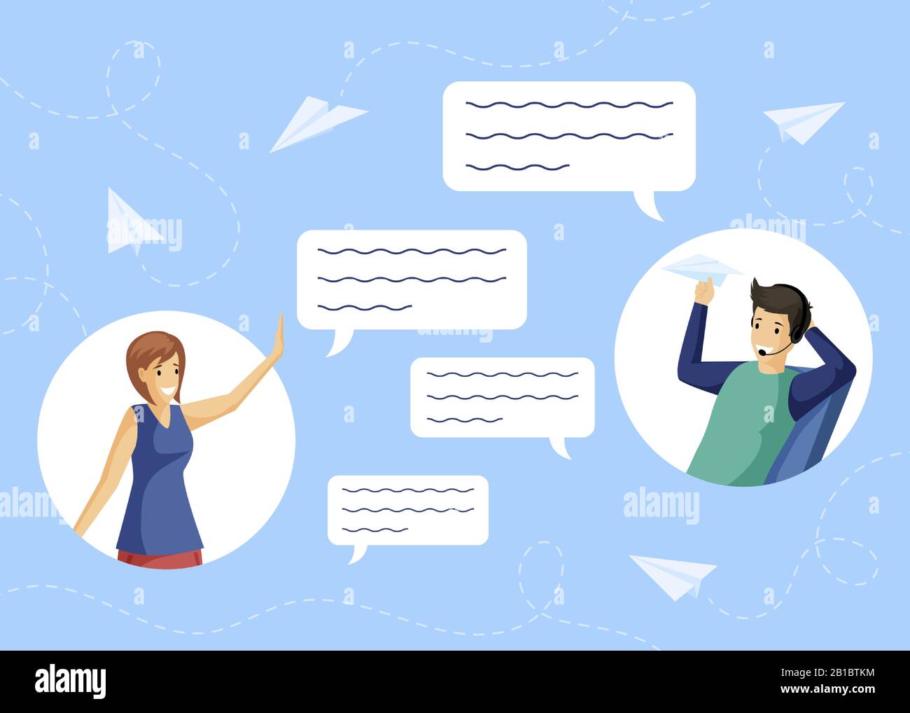 Boy and girl in round-shaped frames exchanging messages vector flat ...