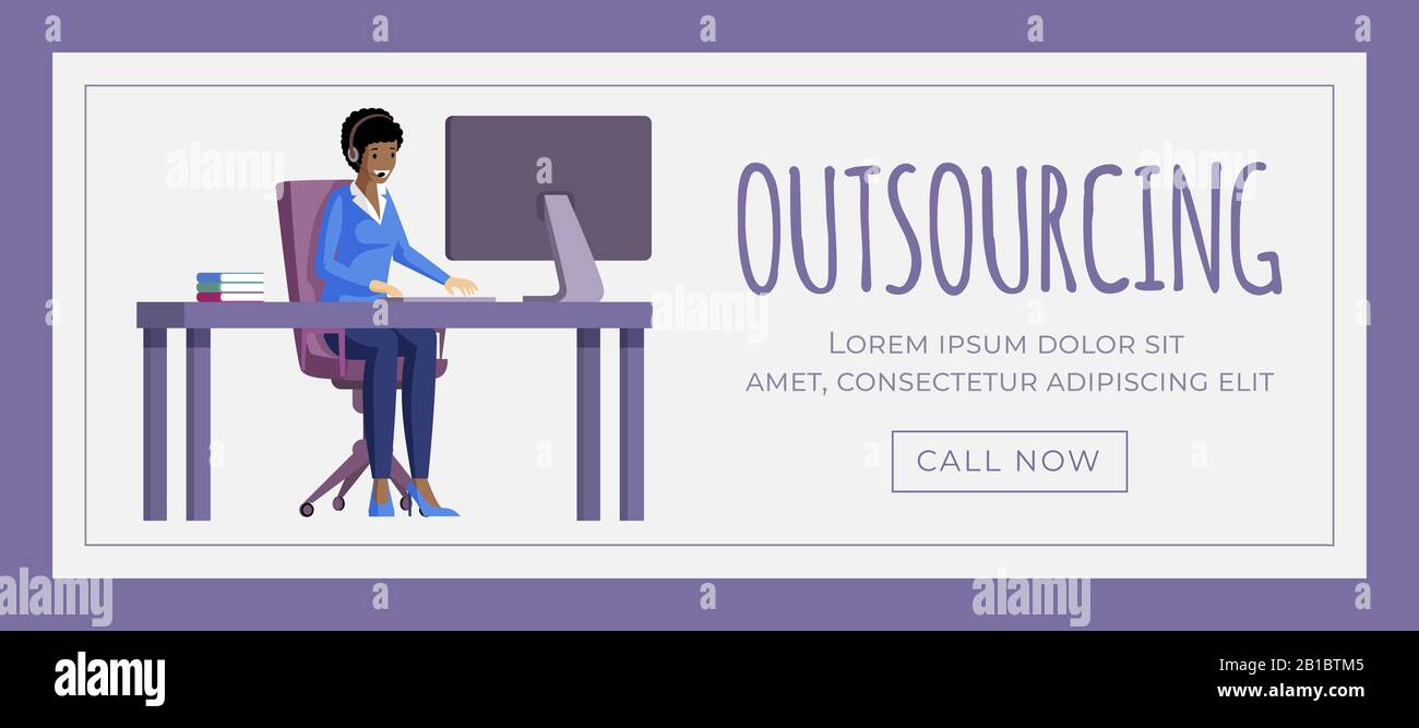 Outsourcing vector banner template. Young woman with headphones and ...