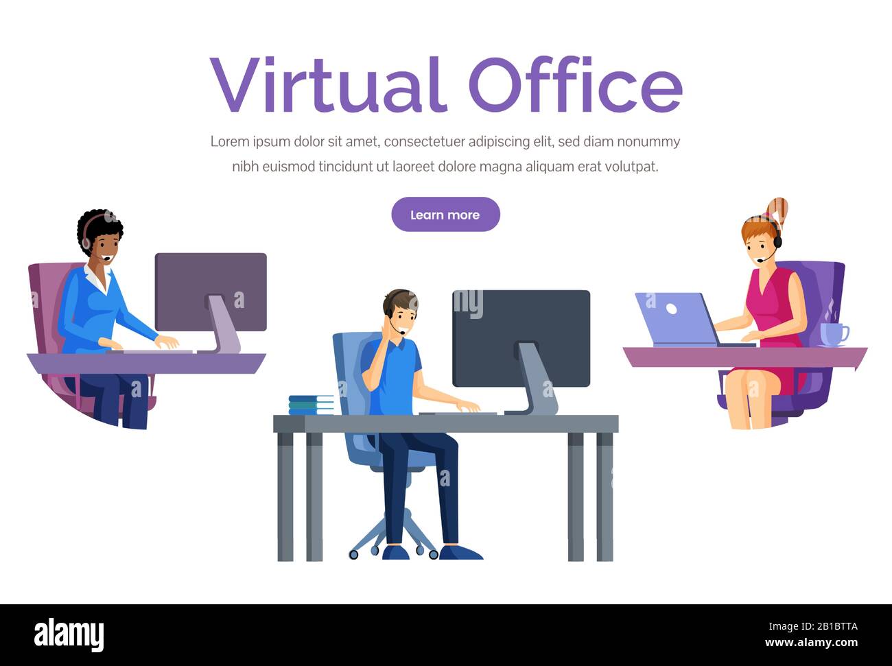 Virtual office web banner vector template. Smiling people working on ...