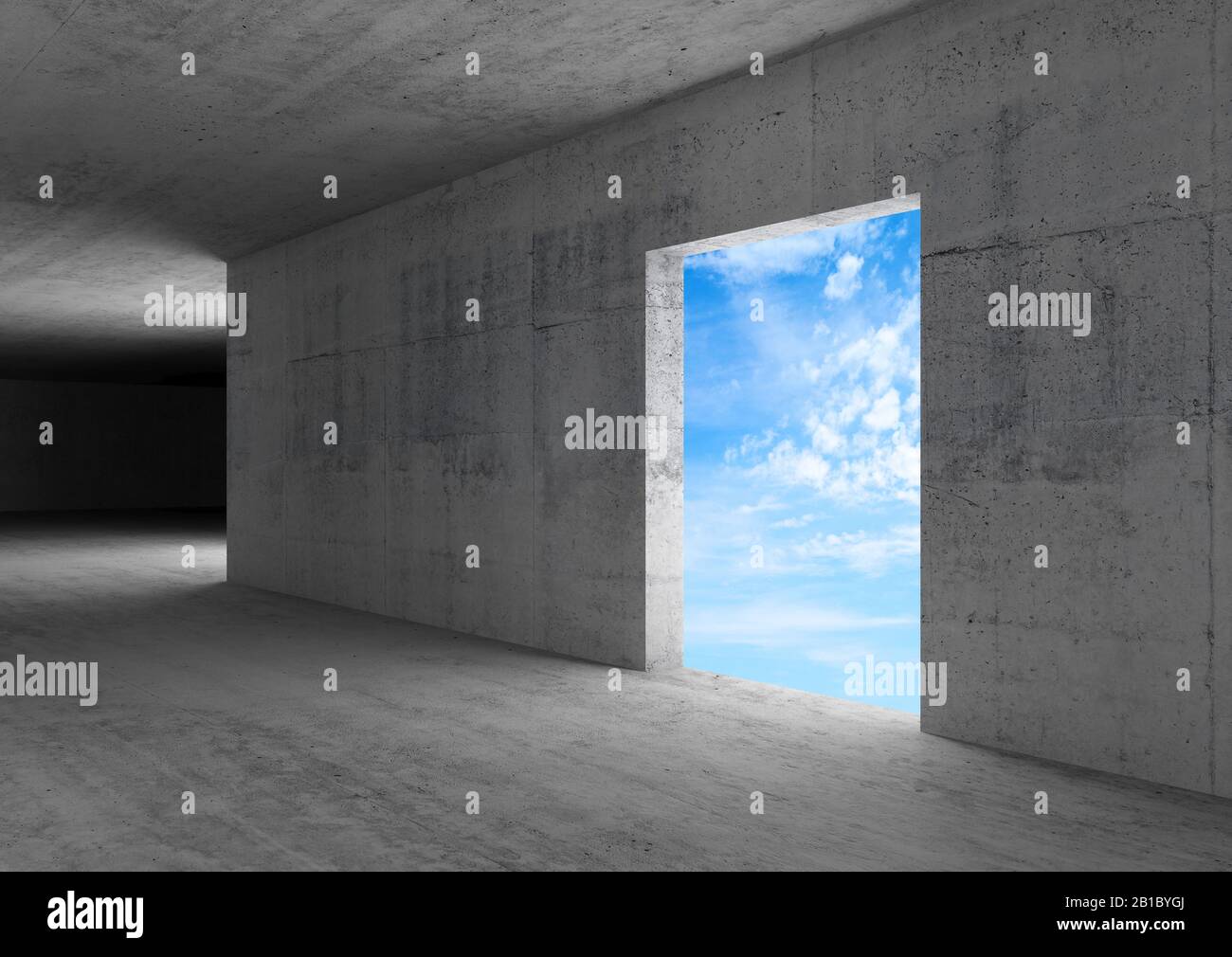 Empty door with blue sky behind. Abstract concrete room interior ...