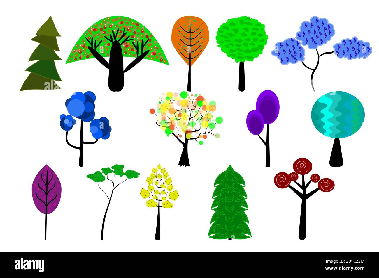 Set of trees isolated on white background. Collection of colorful trees ...
