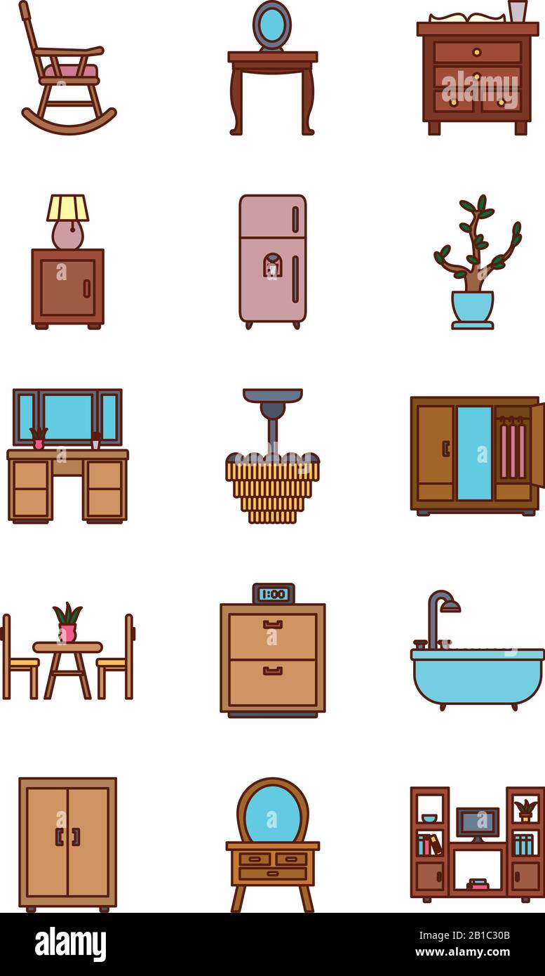 line and fill style icon set design, Home room decoration interior ...