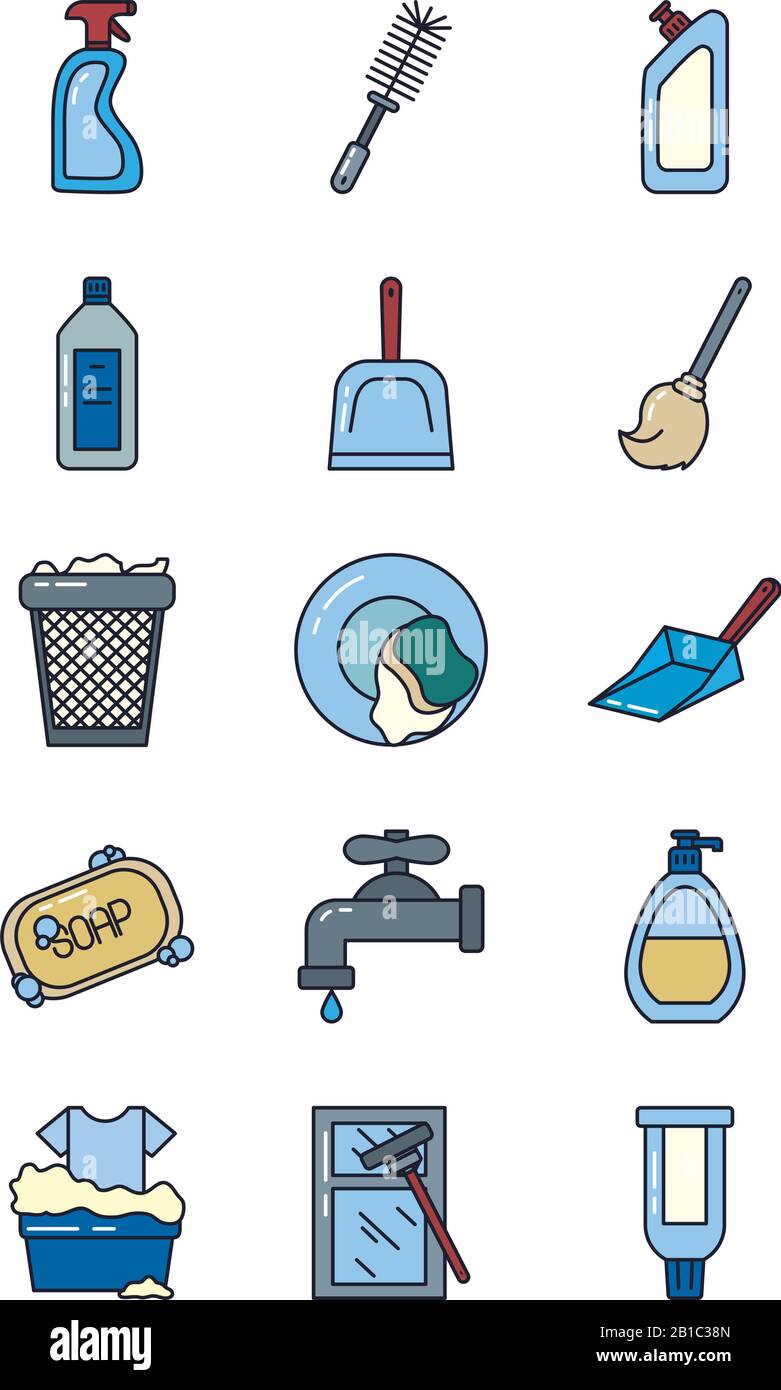 line and fill style icon set design, Cleaning service wash home hygiene ...