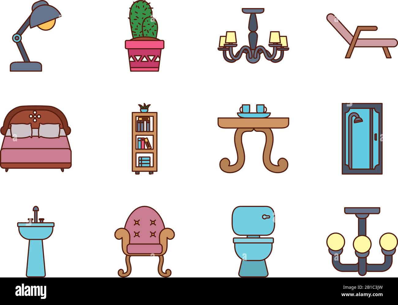 line and fill style icon set design, Home room decoration interior ...