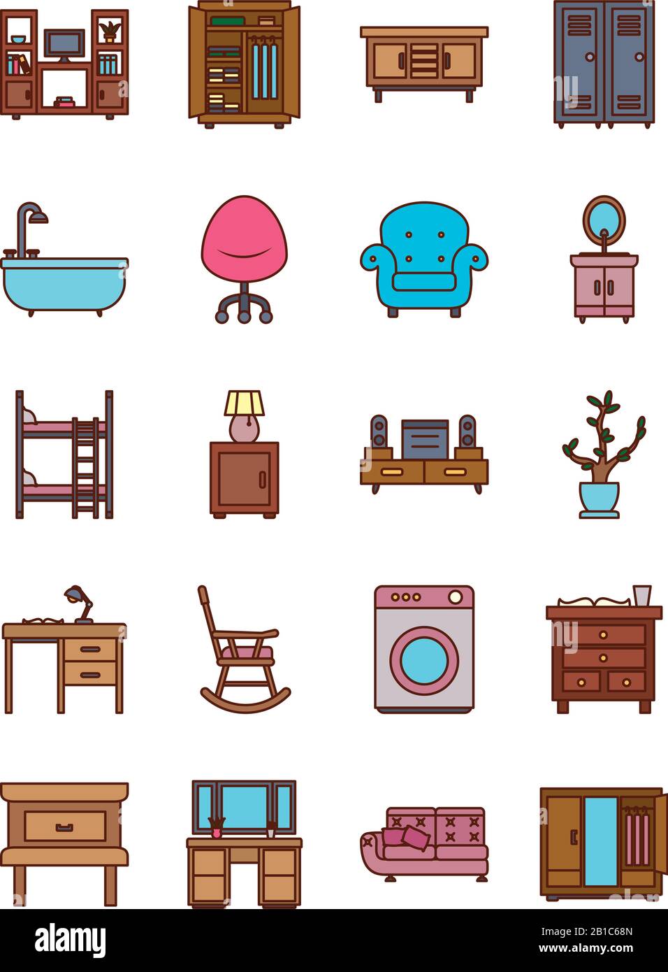 line and fill style icon set design, Home room decoration interior ...