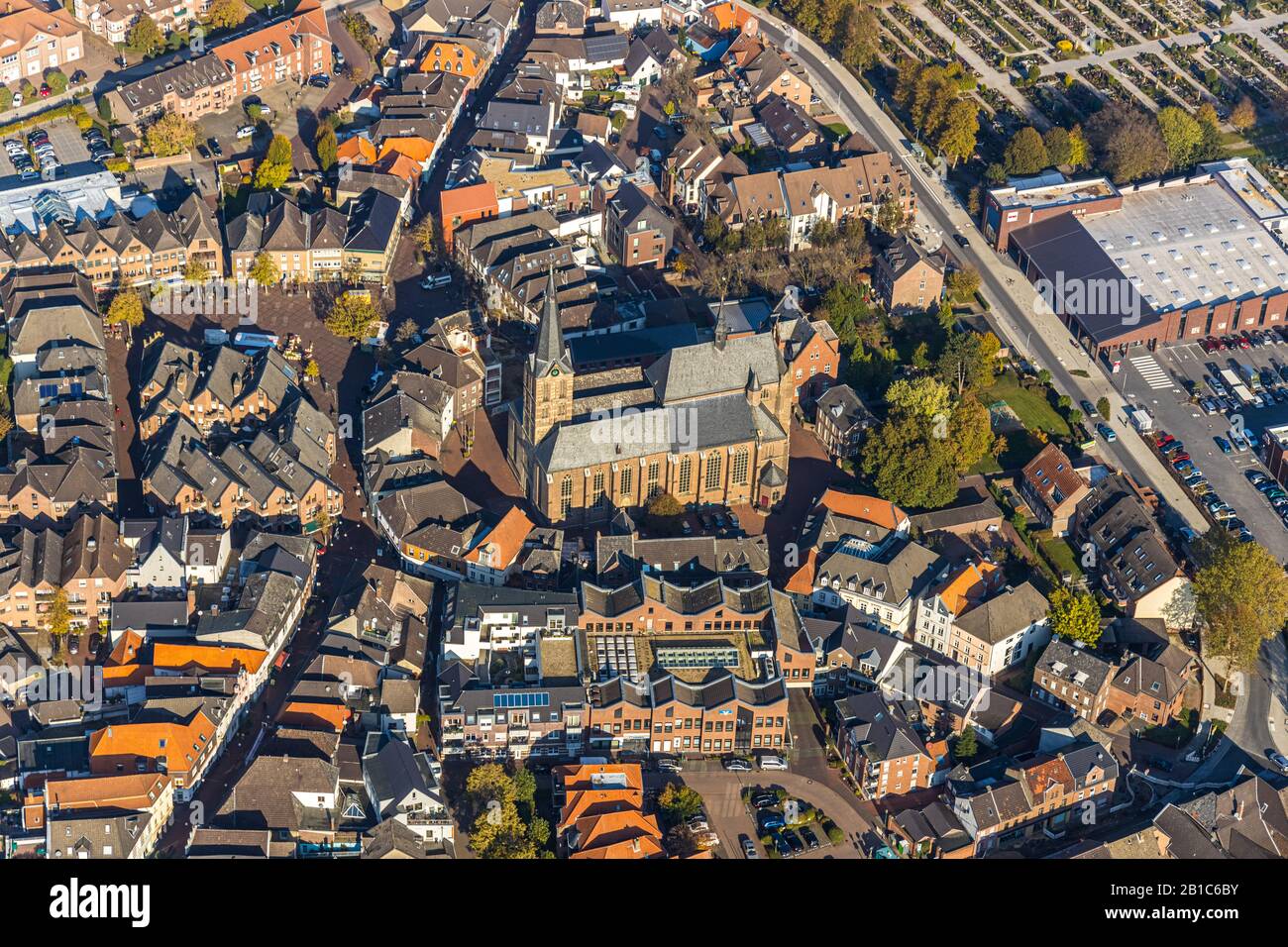 Aerial view, village view Straelen, historically restored old town ...